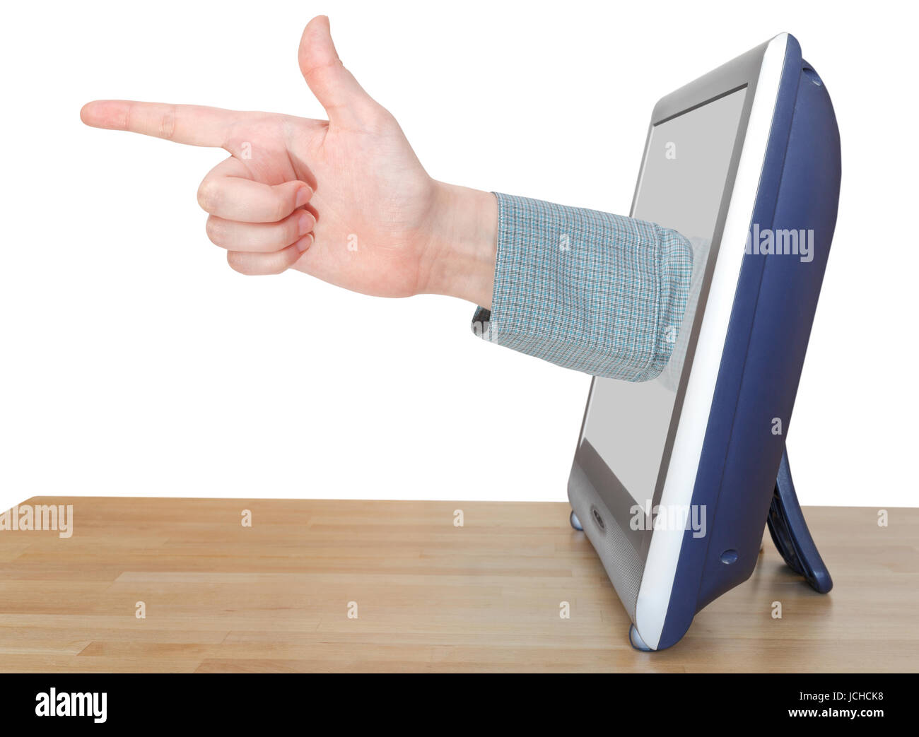 hand gesture - pointing handgun leads out TV screen isolated on white ...
