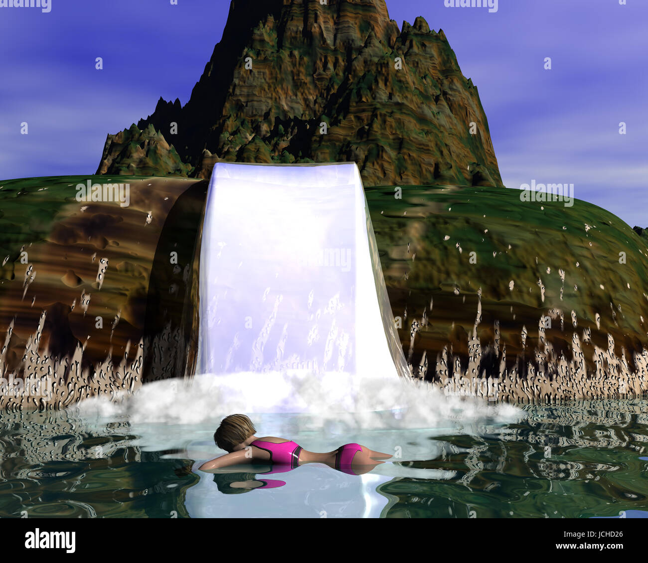 woman is swimming in front of waterfall Stock Photo - Alamy