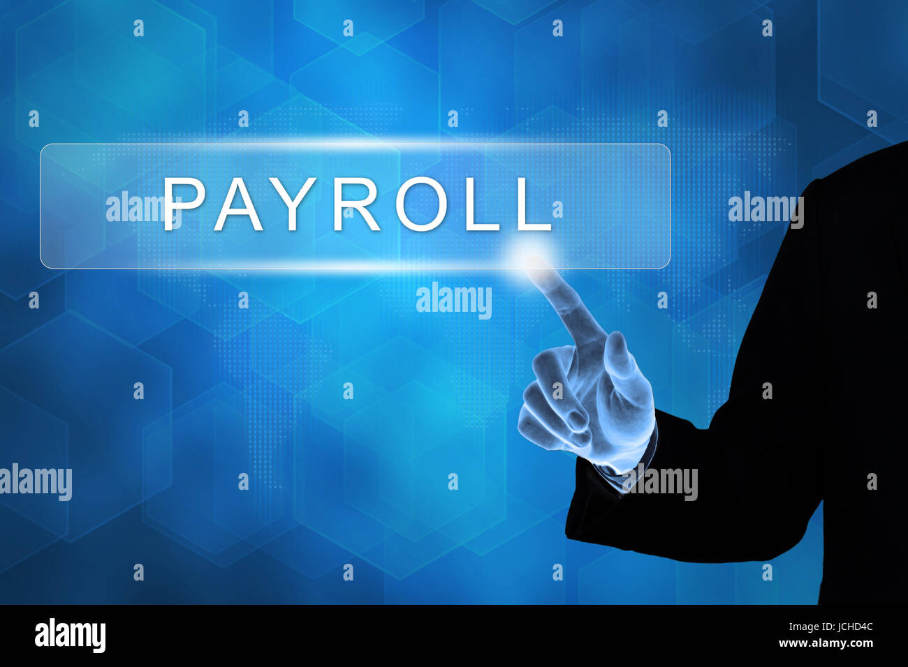 business hand touching payroll button on a touch screen interface Stock ...