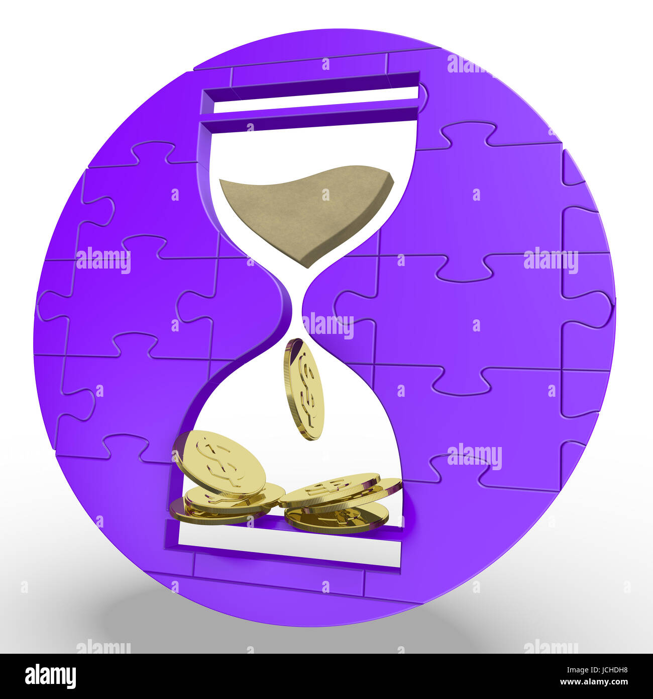 Time is gold. Conceptual 3D puzzle sandglass with white background ...