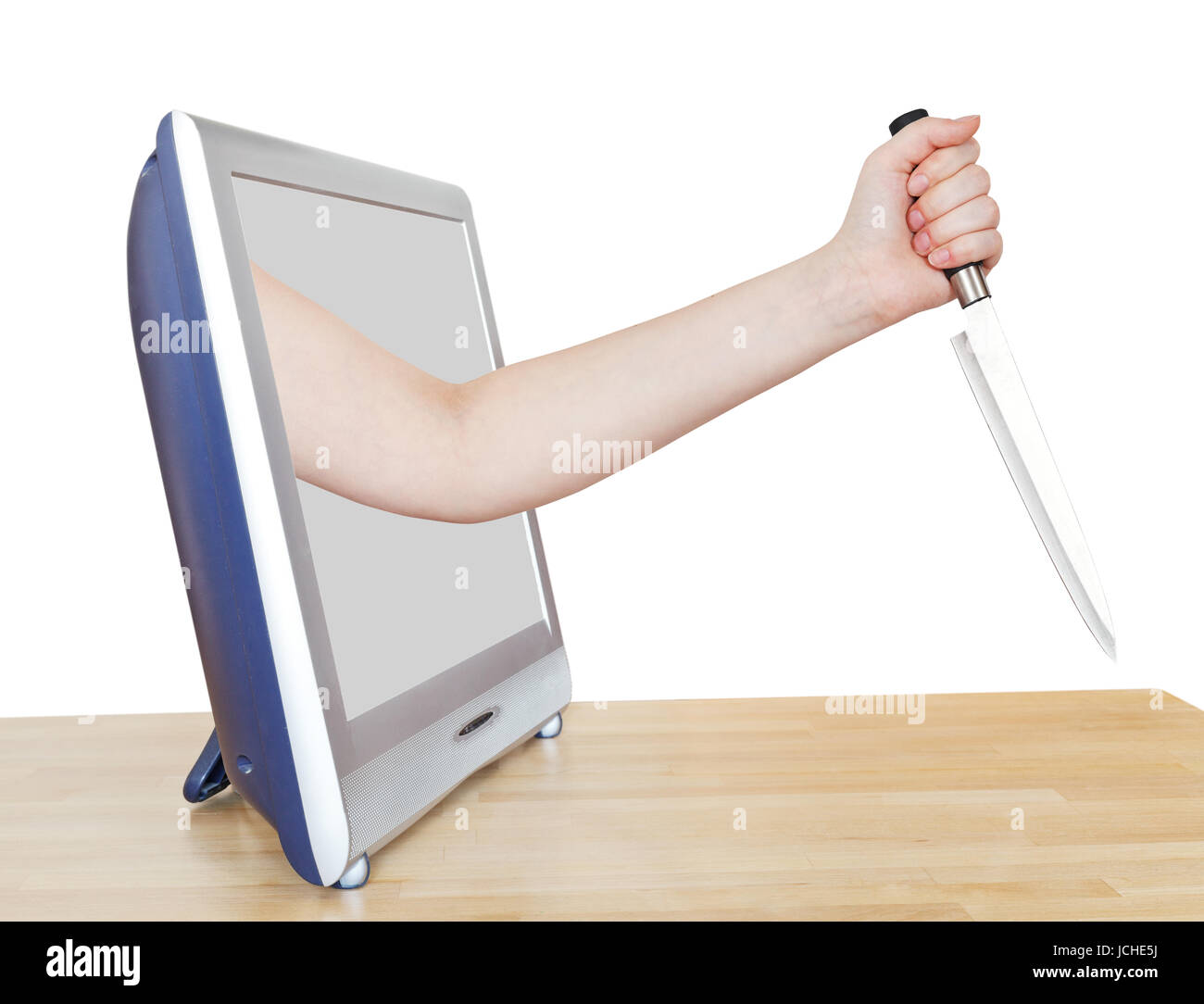 female hand with large kitchen knife leans out TV screen isolated on ...