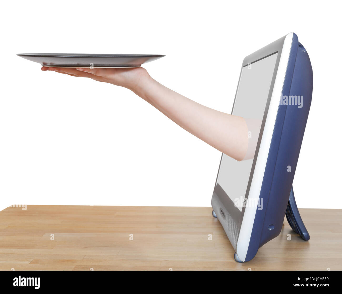female hand with empty flat black plate leans out TV screen isolated on ...