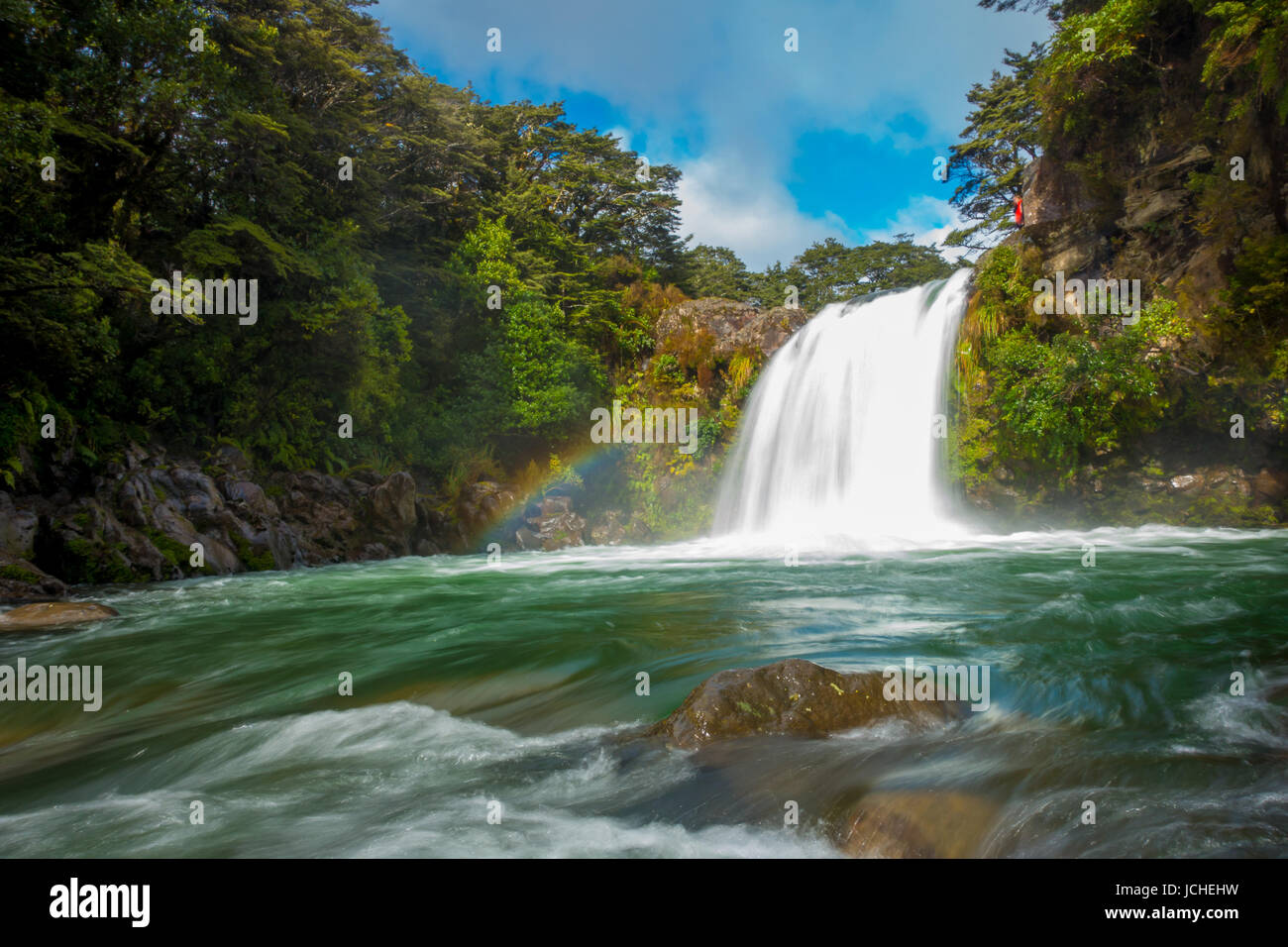 Water from volcano Mt Ruapehu forms Tawhai Falls in Tongariro National ...