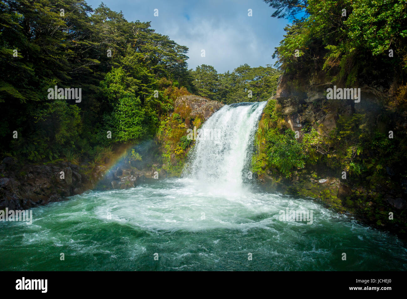 Water from volcano Mt Ruapehu forms Tawhai Falls in Tongariro National ...