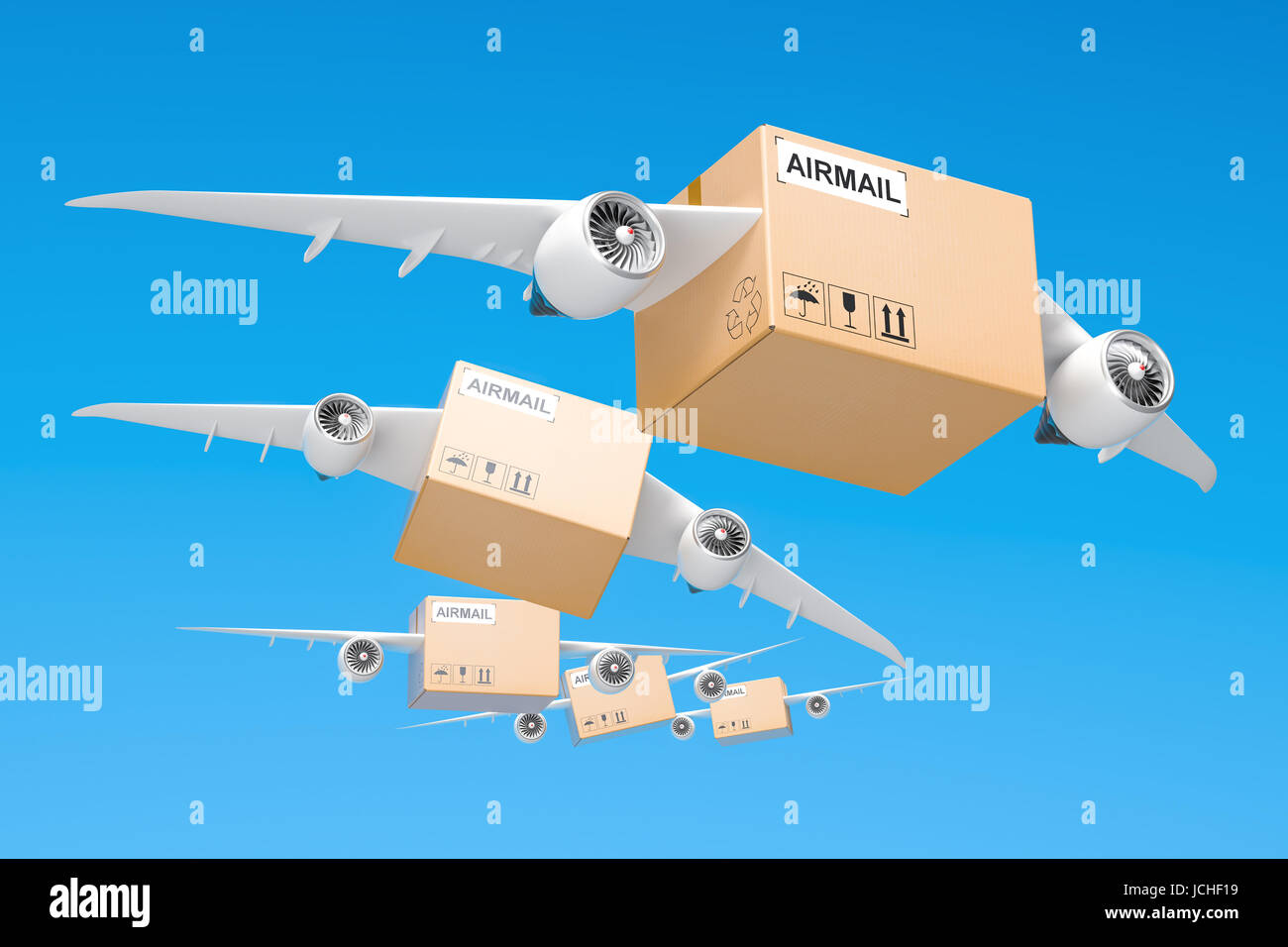 Air mail delivery concept. Parcels with wings flying in the sky, 3D ...