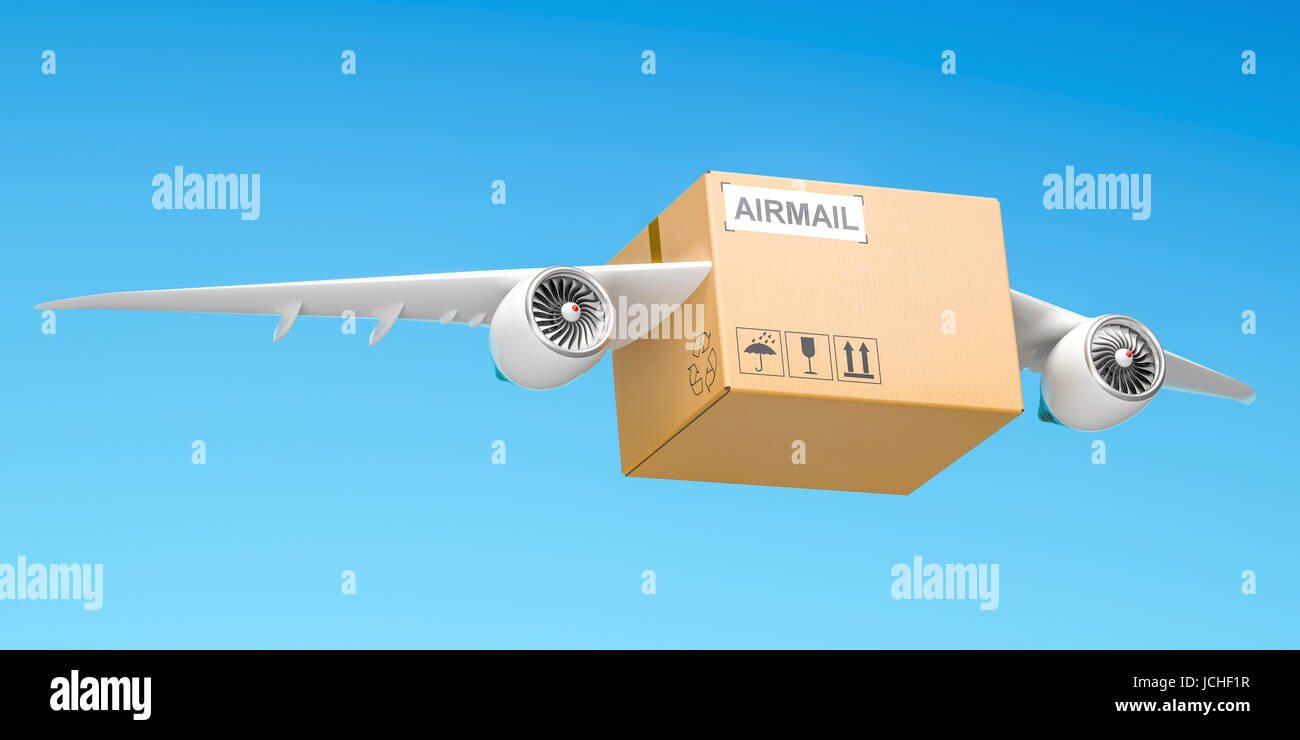 Delivery concept. Parcel with wings flying in the sky, 3D rendering ...