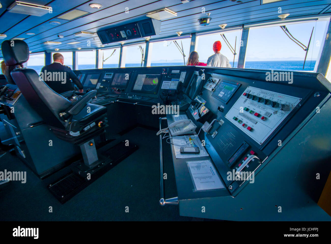 SOUTH ISLAND, NEW ZEALAND- MAY 25, 2017: Ferry boat pilot command cabin ...