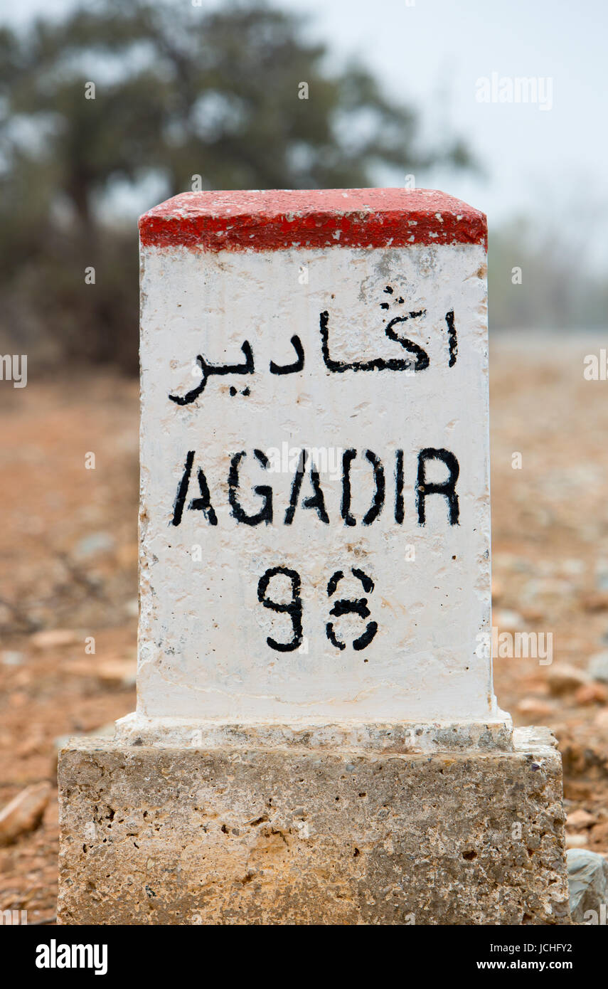 Agadir 98 kilometres - road sign distance indicator on the road to ...