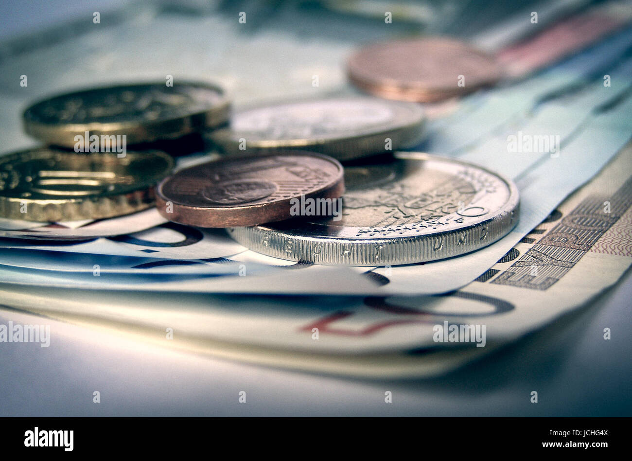 Vintage looking Detail of Euro money banknotes coins - European ...