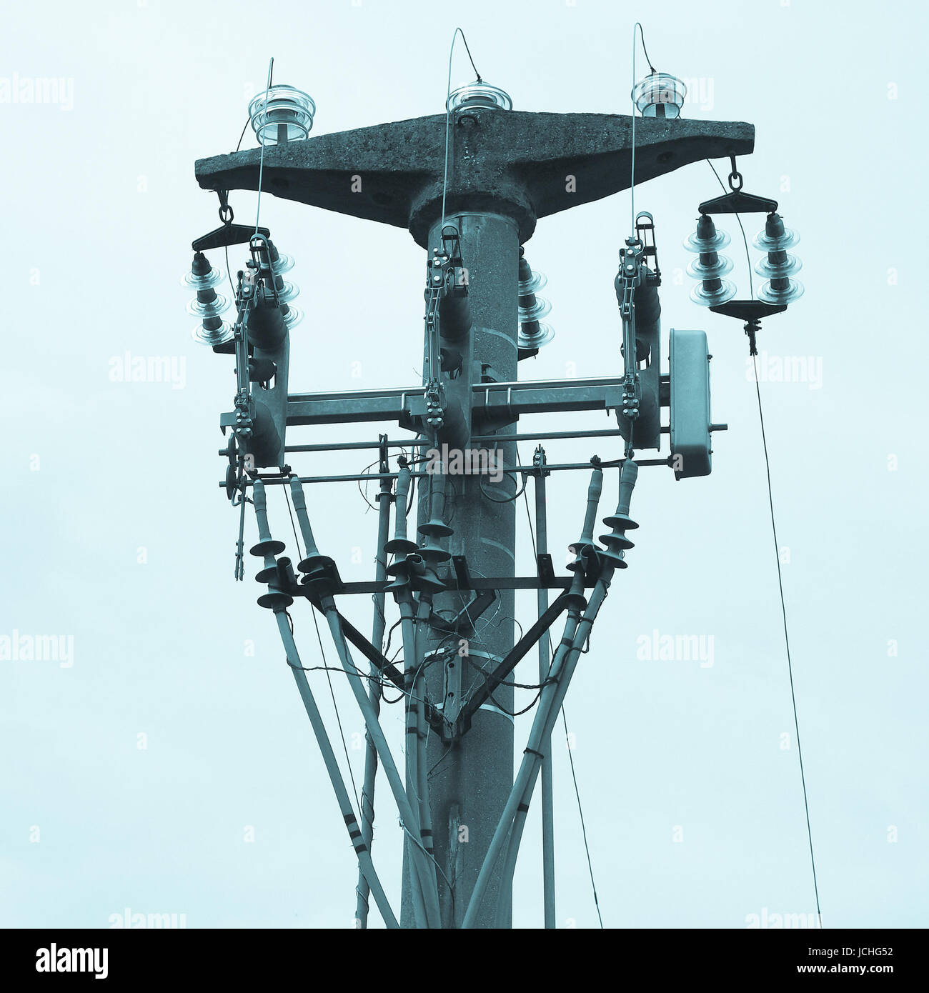 Electric transmission line tower mast with wires - cool cyanotype Stock ...