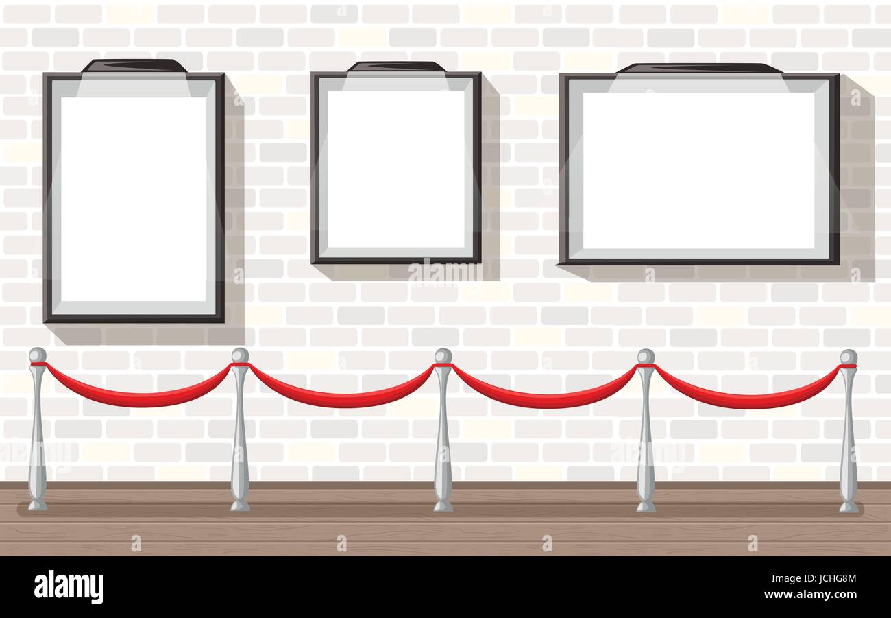 Three realistic empty picture frames with stanchion museum exhibition ...