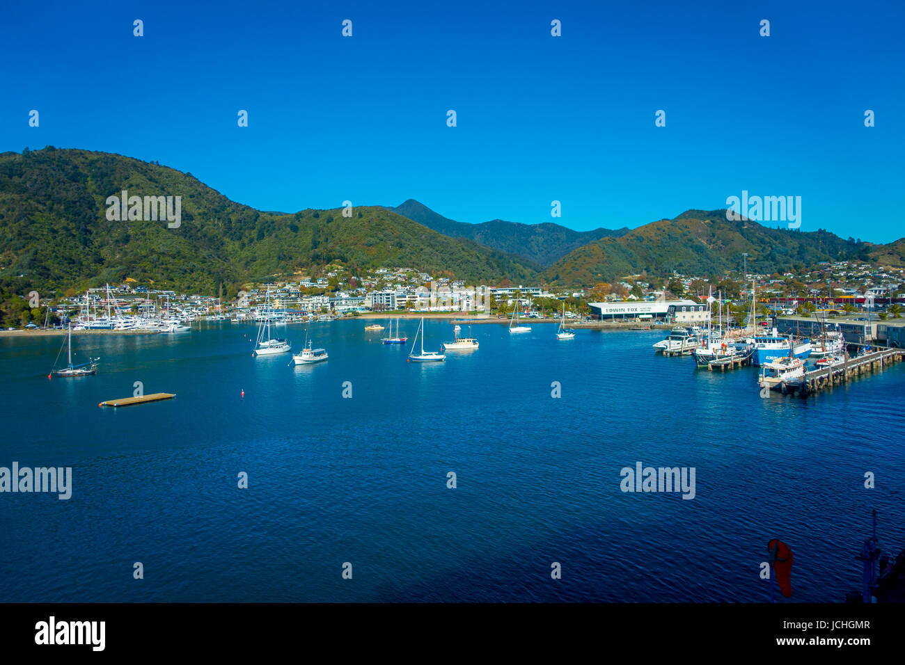 PICTON, NEW ZEALAND - MAY 21, 2017: Bluebridge and Interislander ferry ...