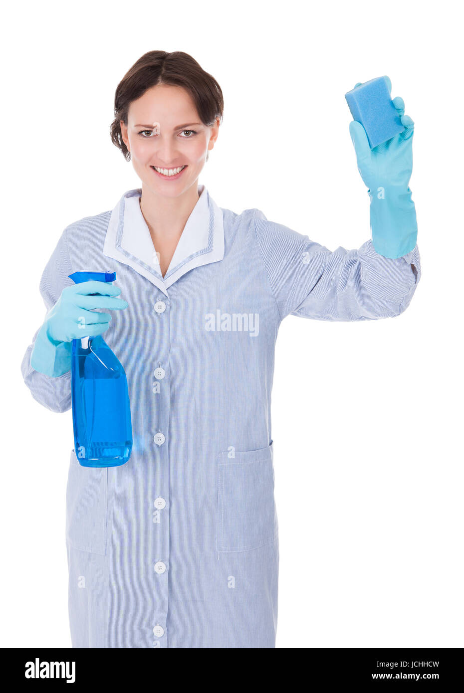 Smiling Woman In Uniform Holding Cleaning Liquid And Scrubber Over ...