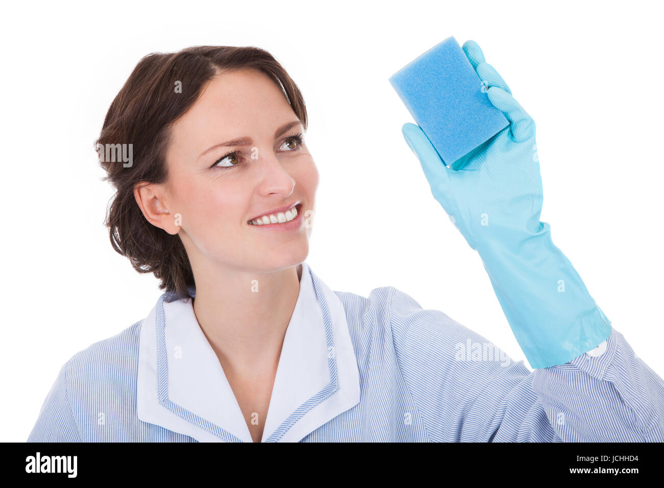 Smiling Woman In Uniform Holding Cleaning Liquid And Scrubber Over ...