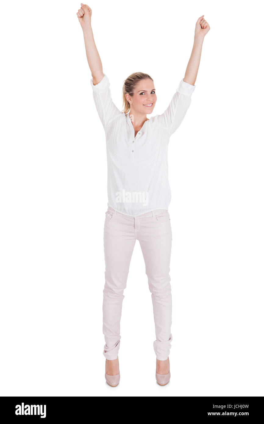 Portrait Of Young Happy Woman Raising Hand On White Background Stock ...