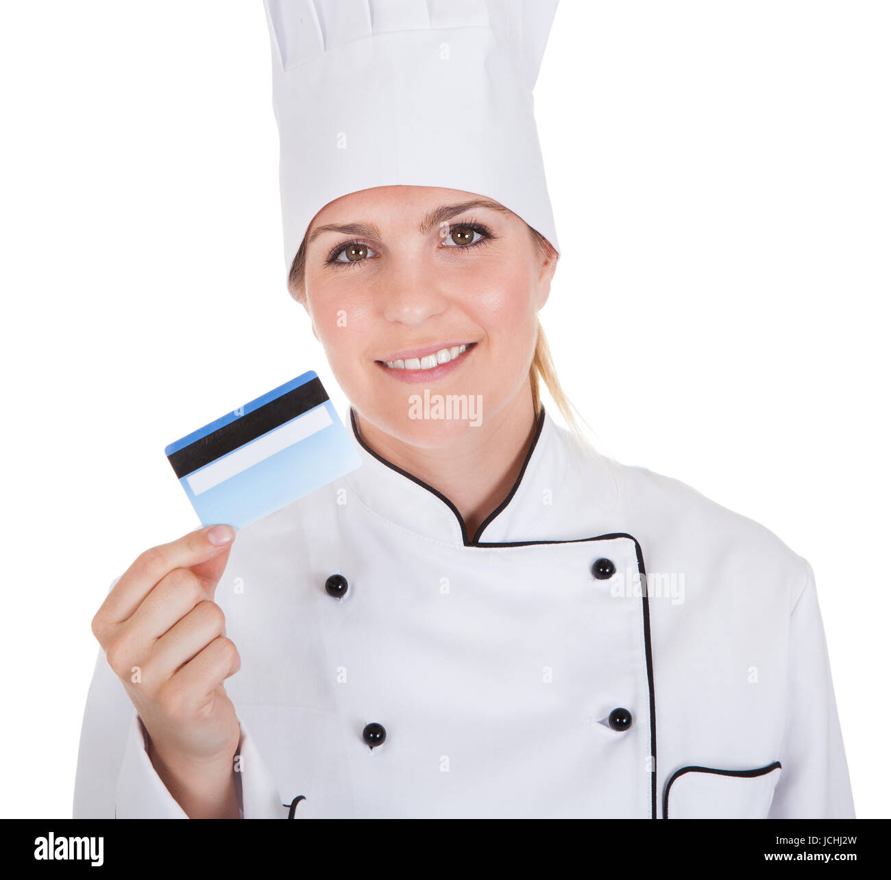 Portrait Of Happy Female Chef Holding Credit Card Over White Background ...