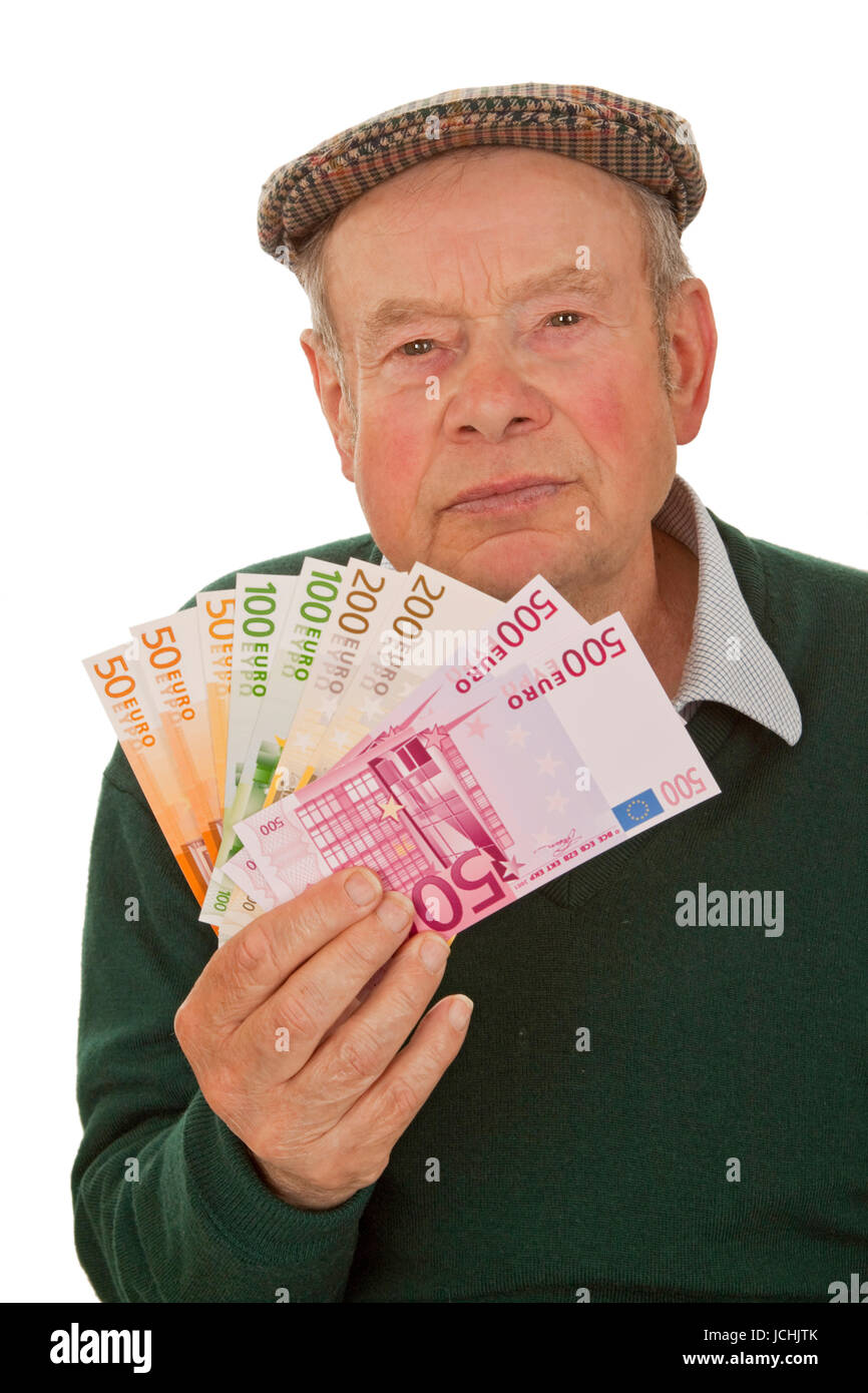 Old man holding euros and laughing - isolated on white Stock Photo - Alamy
