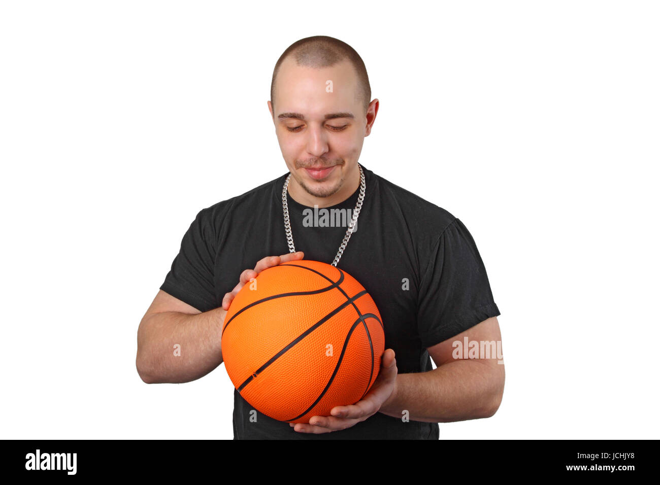 Young athletic man with basketball on white background Stock Photo - Alamy