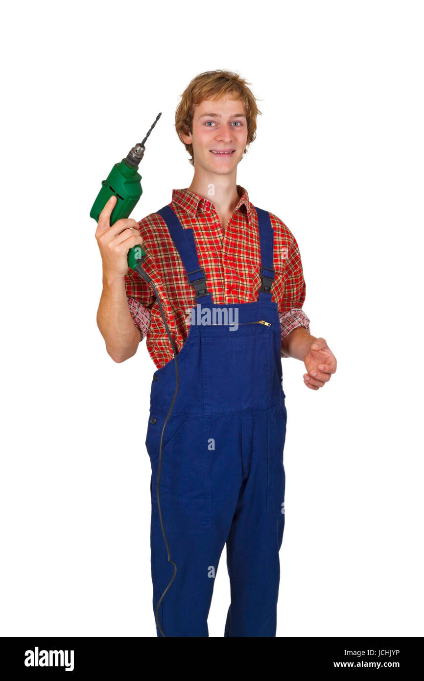 Young men with drilling machine isolated on white background Stock ...