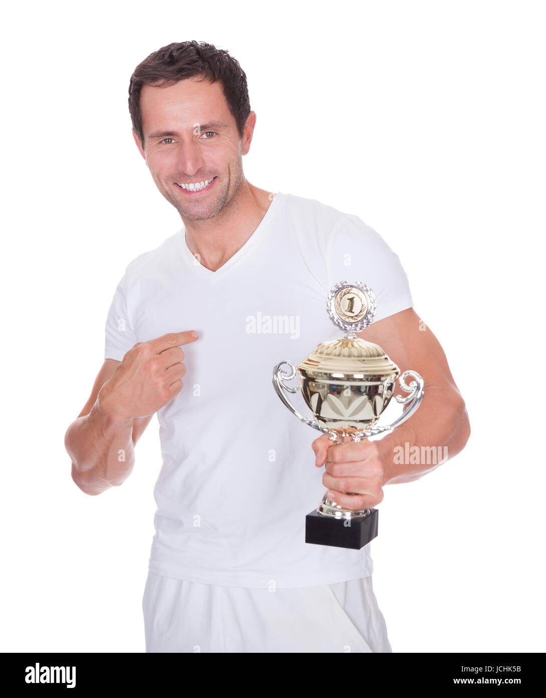 Portrait Of Young Man Holding Trophy Isolated On White Background Stock ...