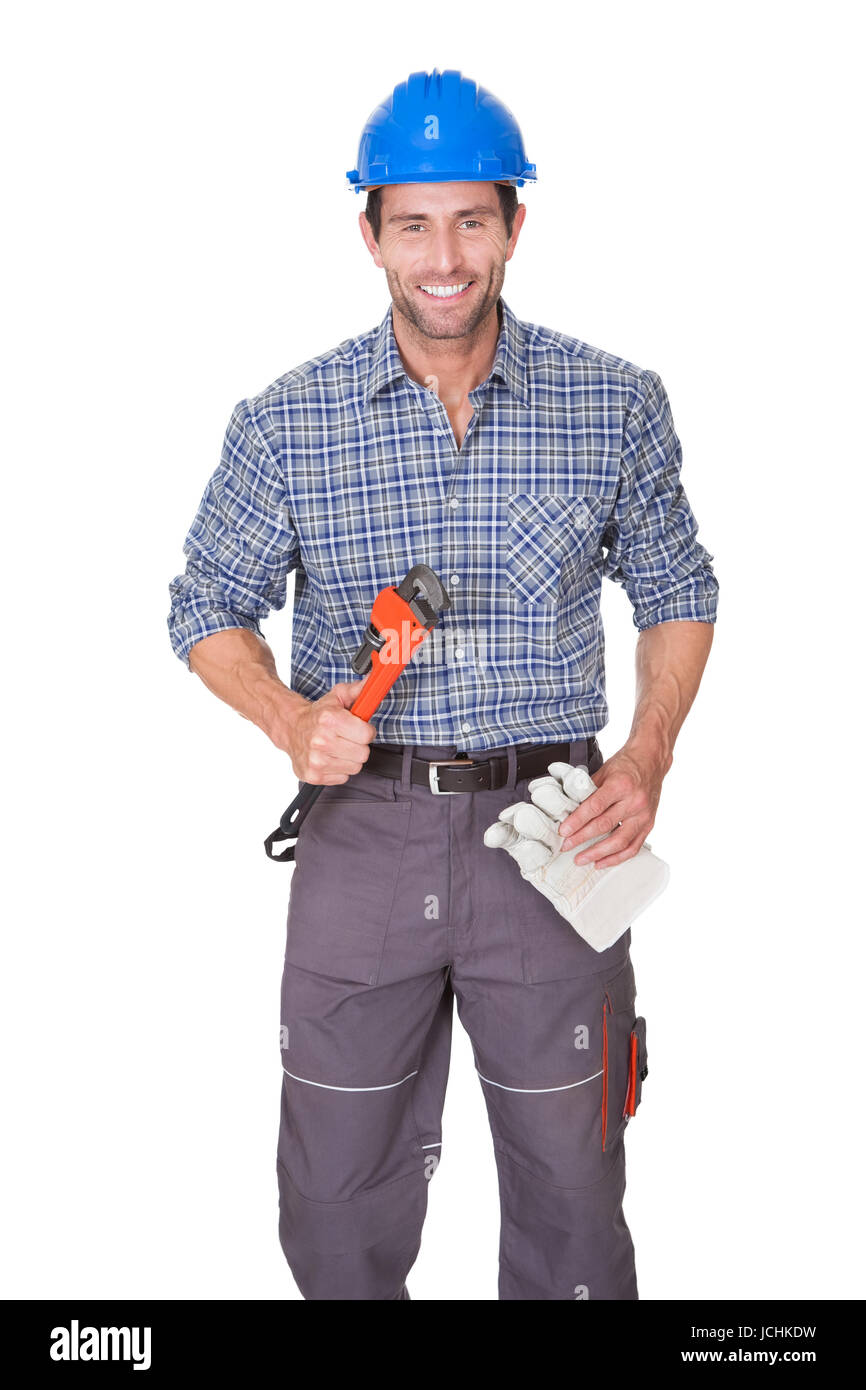 Portrait of happy worker. Isolated on white Stock Photo - Alamy