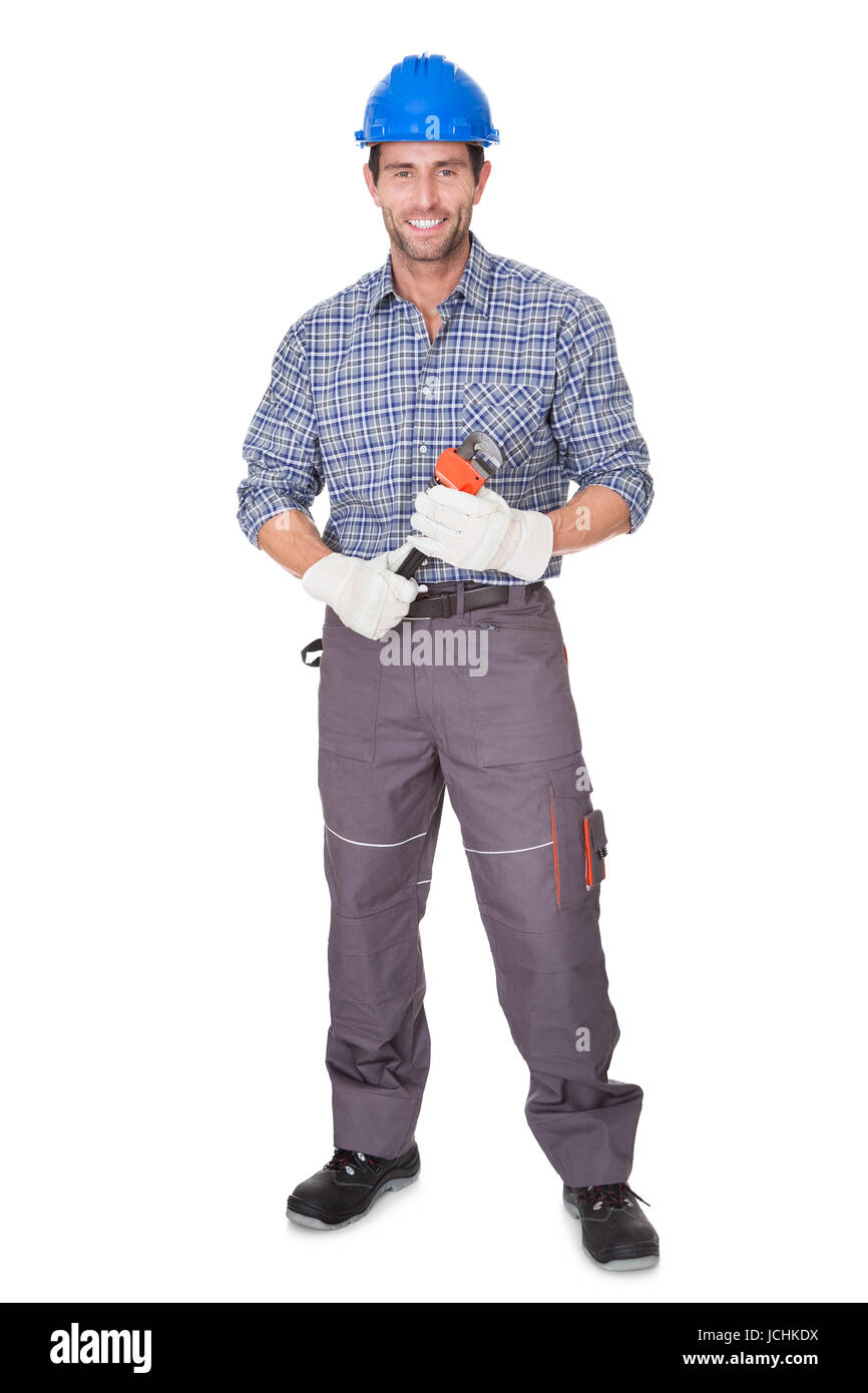 Portrait of happy worker. Isolated on white Stock Photo - Alamy