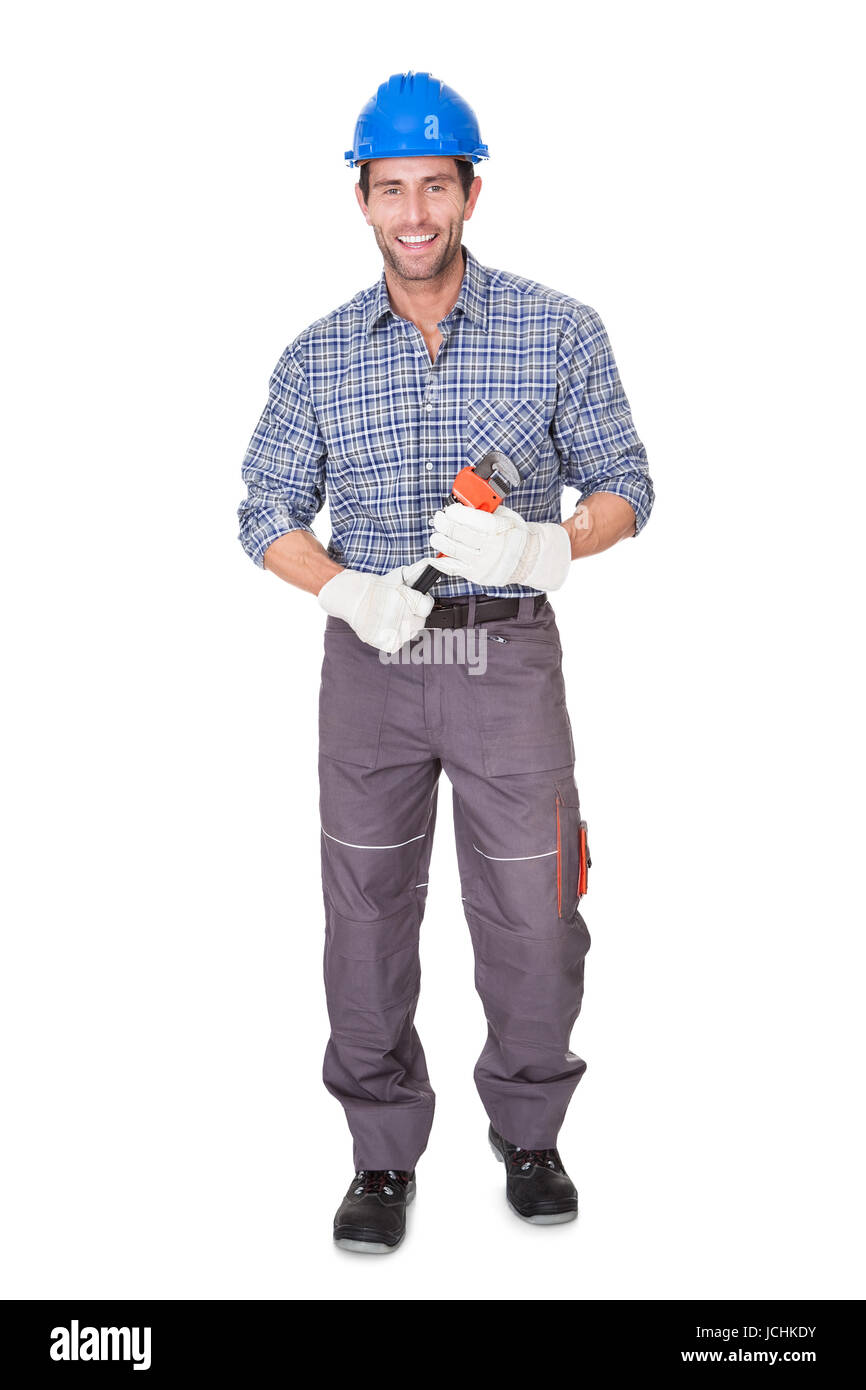 Portrait of happy worker. Isolated on white Stock Photo - Alamy