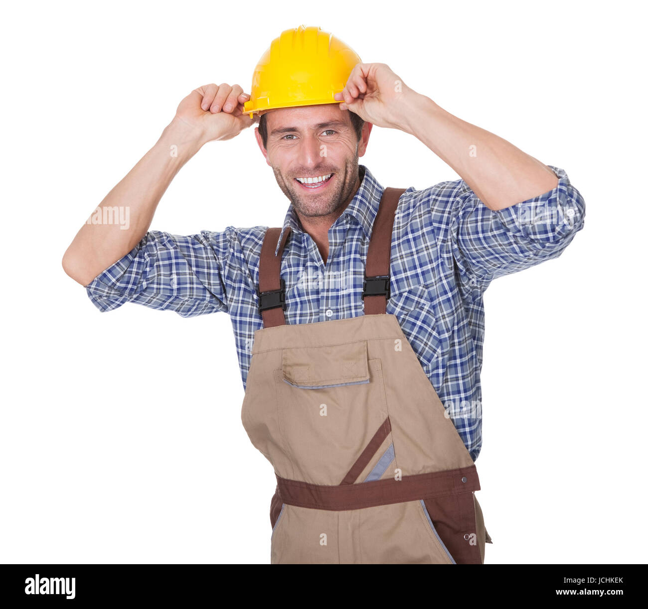 Portrait of happy construction worker. Isolated on white Stock Photo ...