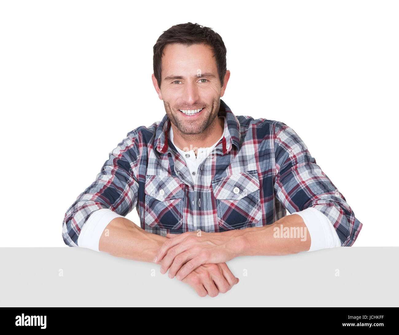 Happy middle age man presenting empty banner. Isolated on white Stock ...