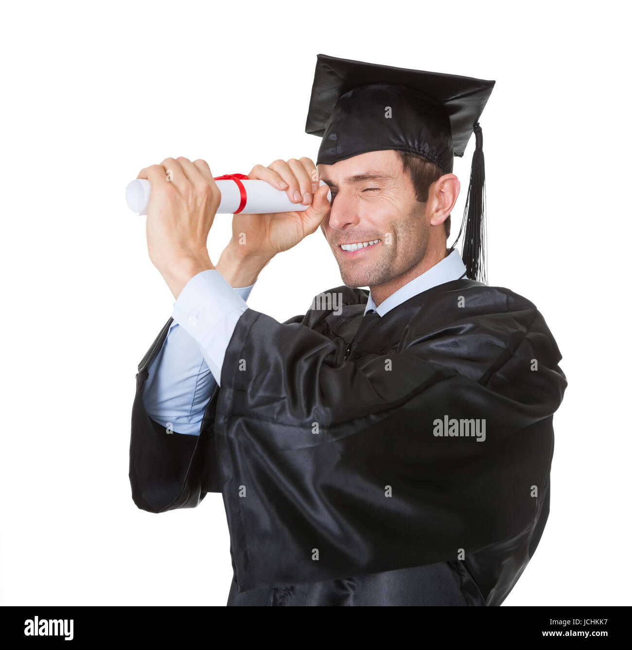 Portrait of happy graduate student looking into the future. Isolated on ...