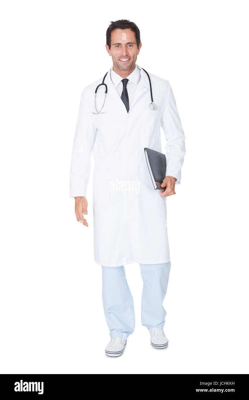 Portrait of friendly doctor. Isolated on white Stock Photo - Alamy