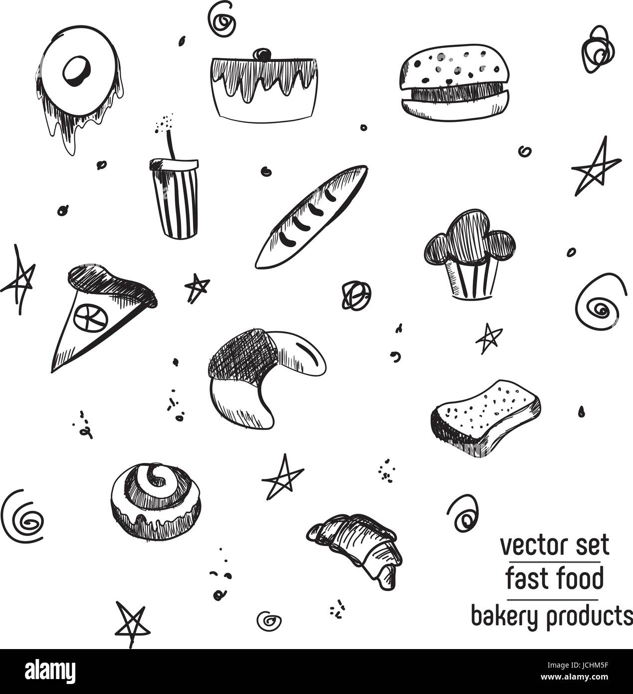 Hand Drawn bakery and fast food icon set. Blackboard stickers with ...