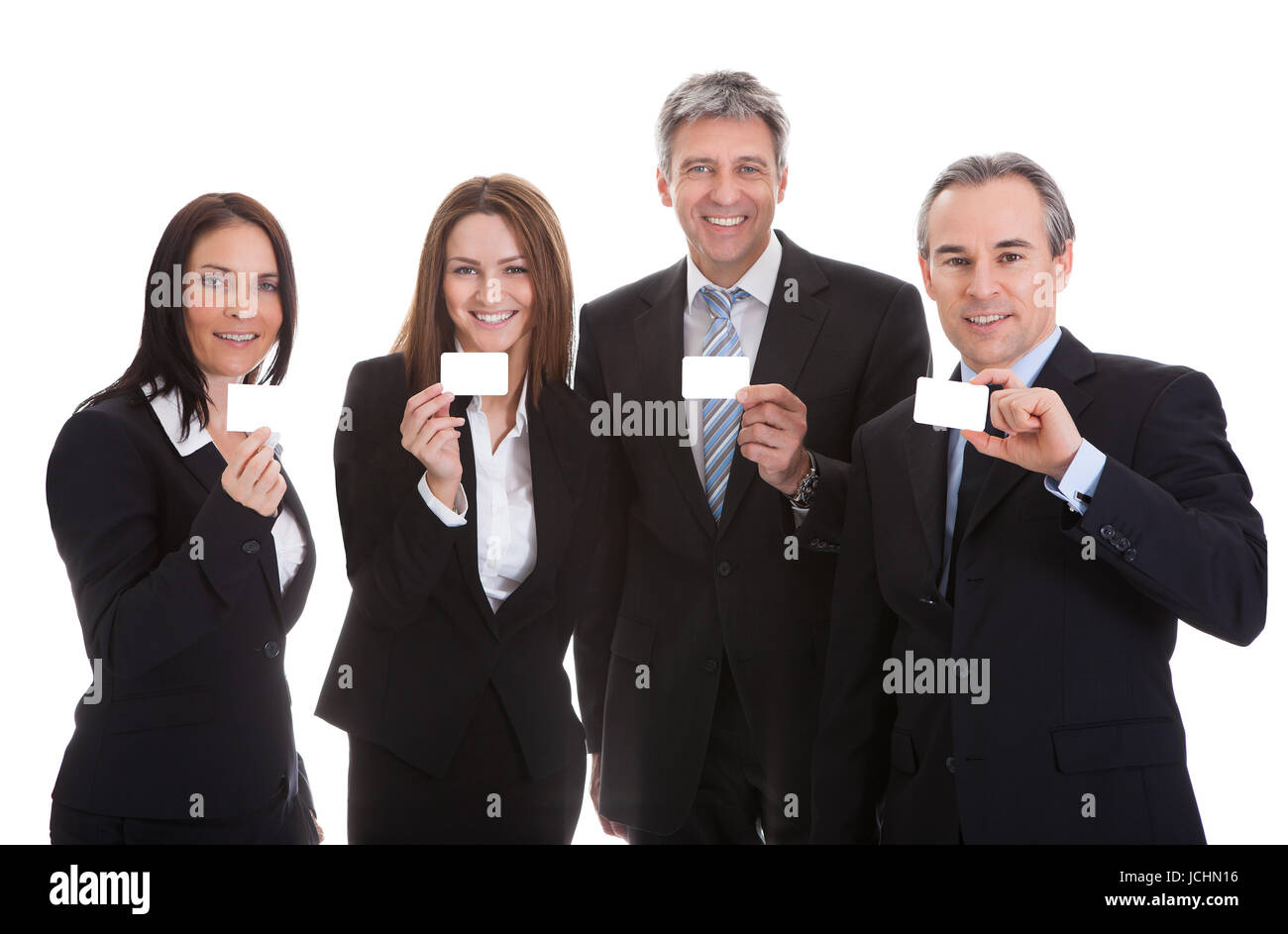 Happy Businesspeople Holding Visiting Card Over White Background Stock ...