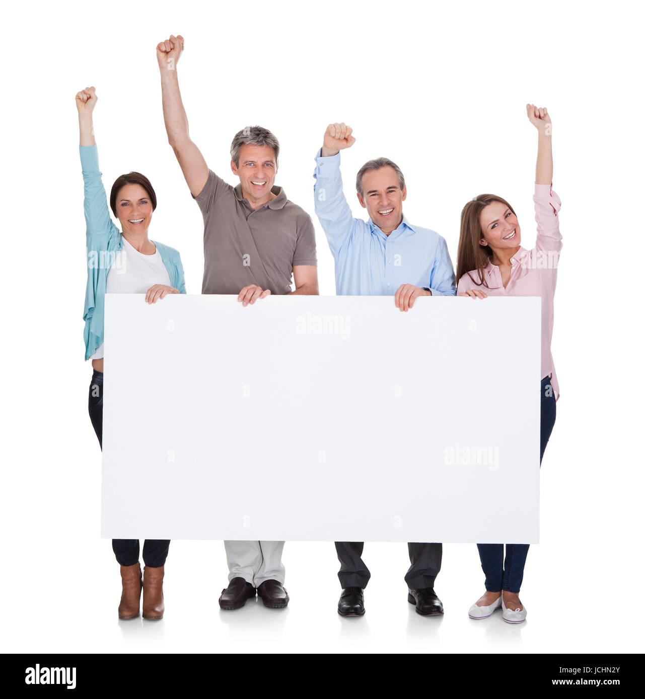 Group Of Happy People Holding Placard Over White Background Stock Photo ...