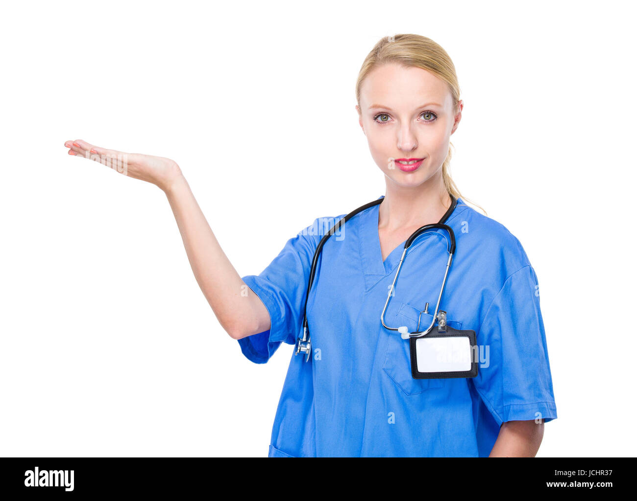 Doctor with hand present Stock Photo - Alamy