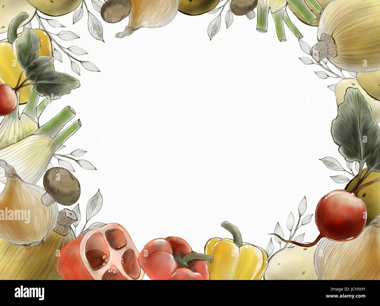 Frame with pen drawing of various vegetables Stock Photo - Alamy