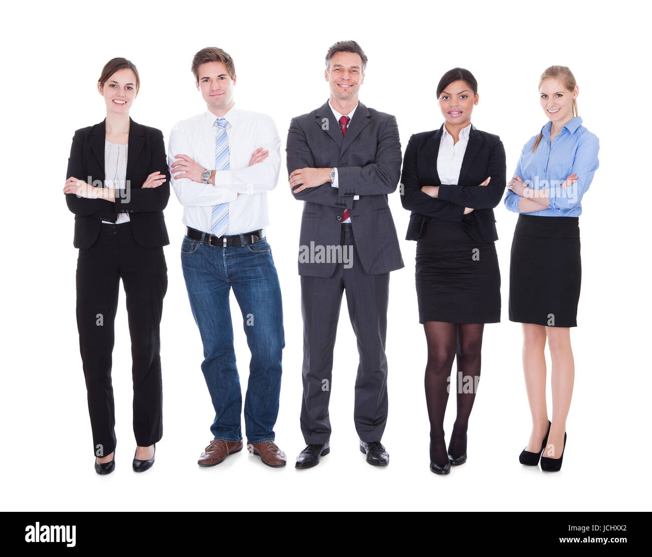 Group Of Happy Business People Standing In Pose Over White Background ...