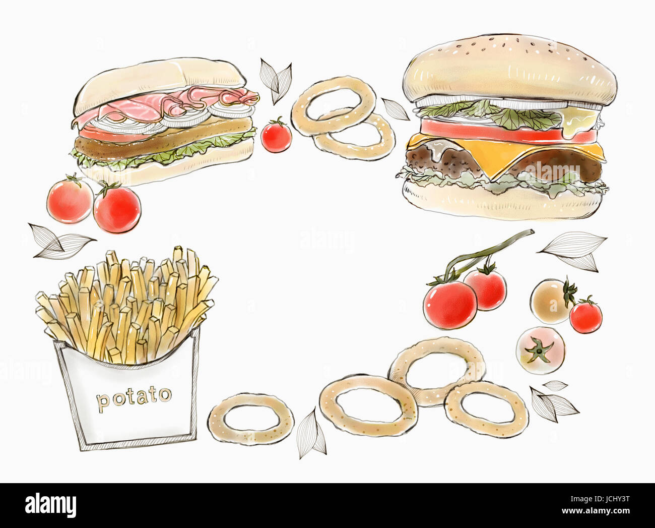 Pen drawing of various fast food Stock Photo - Alamy