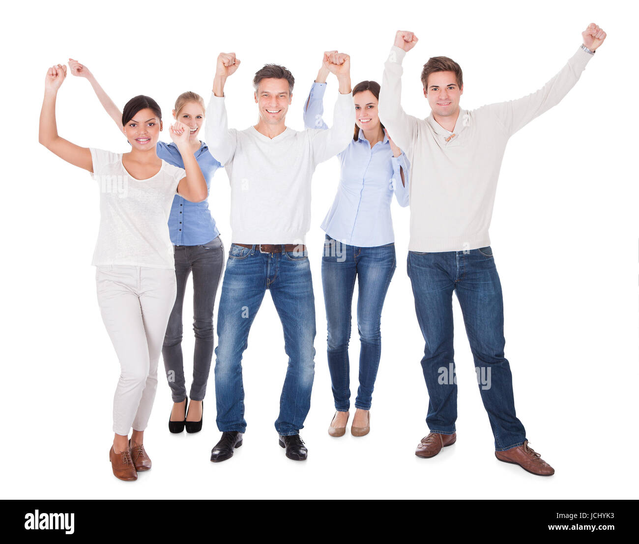 Group Of Happy People Raising Hand Over White Background Stock Photo ...