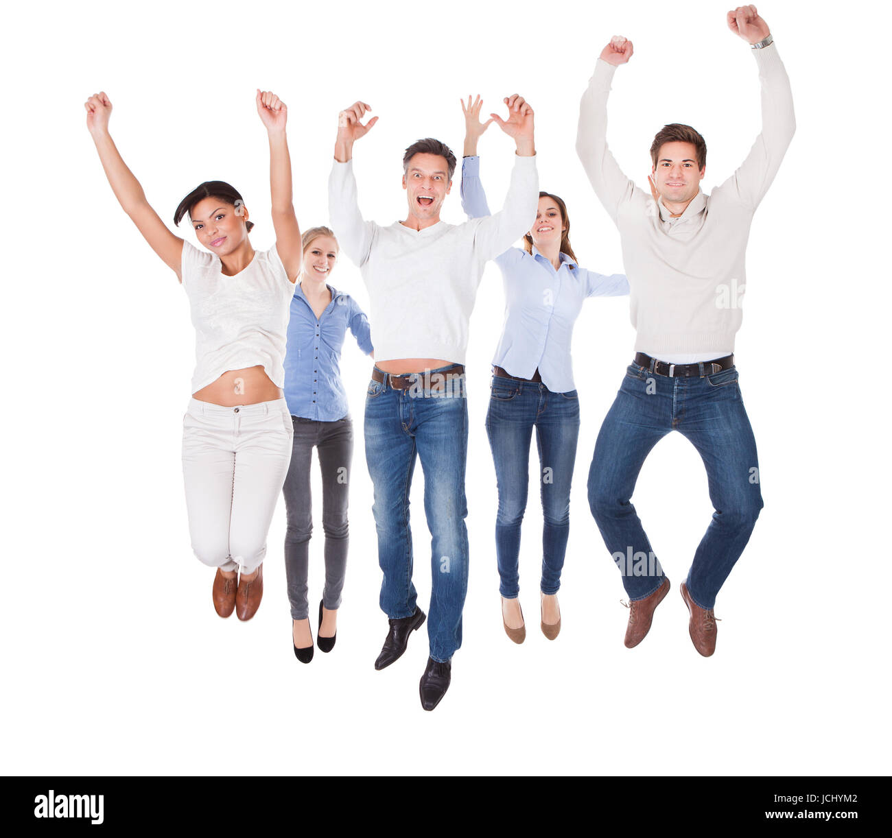Group Of Happy People Raising Hand Over White Background Stock Photo ...