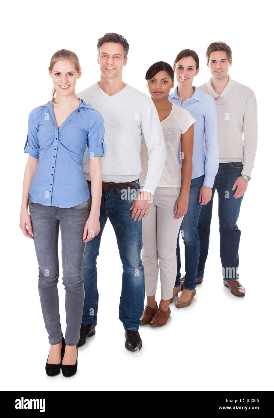 Happy Group Of People Standing In A Row Over White Background Stock ...