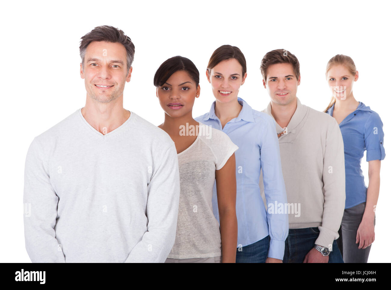 Group Of People In A Row Smiling Over White Background Stock Photo - Alamy