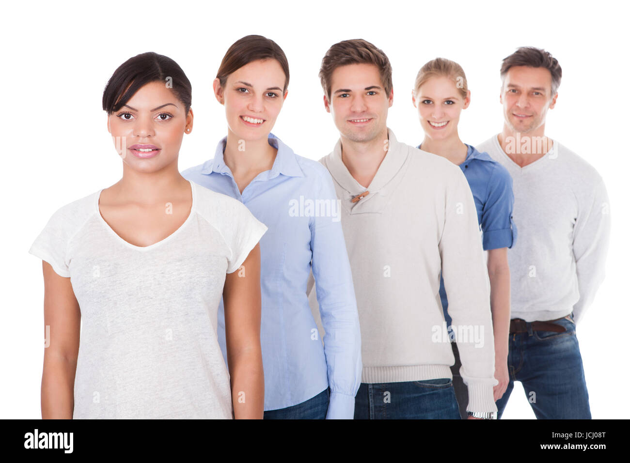 Happy Group Of People Standing In A Row Over White Background Stock ...