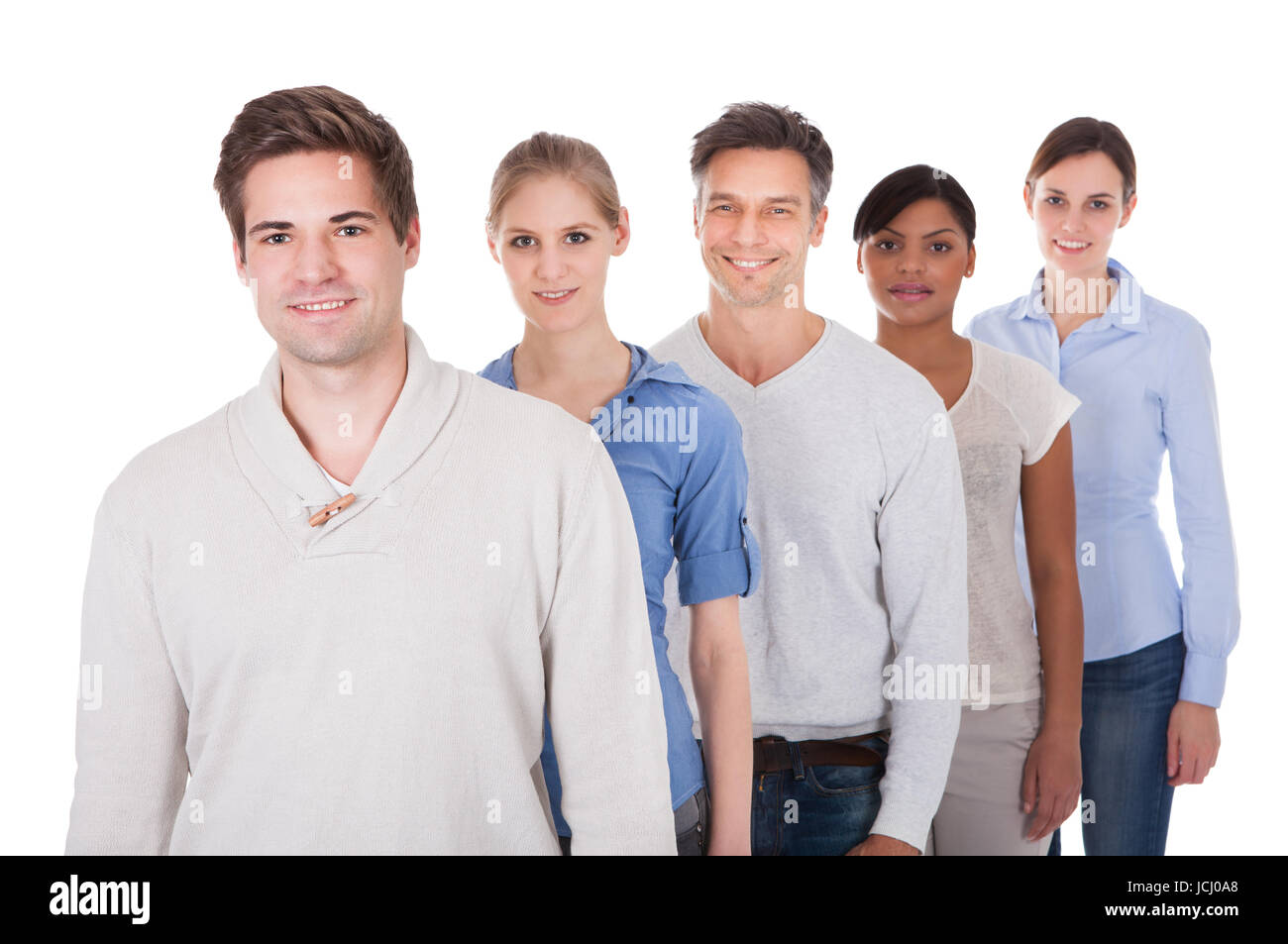 Group Of People In A Row Smiling Over White Background Stock Photo - Alamy