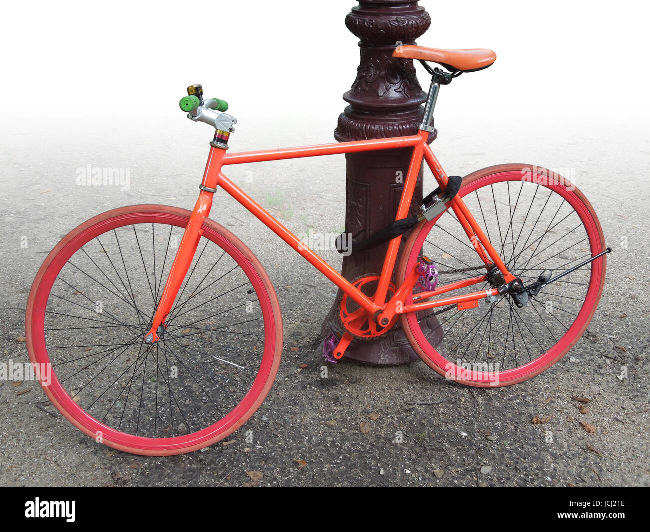 street scenery with red painted bicycle seen in Amsterdm (Netherlands ...