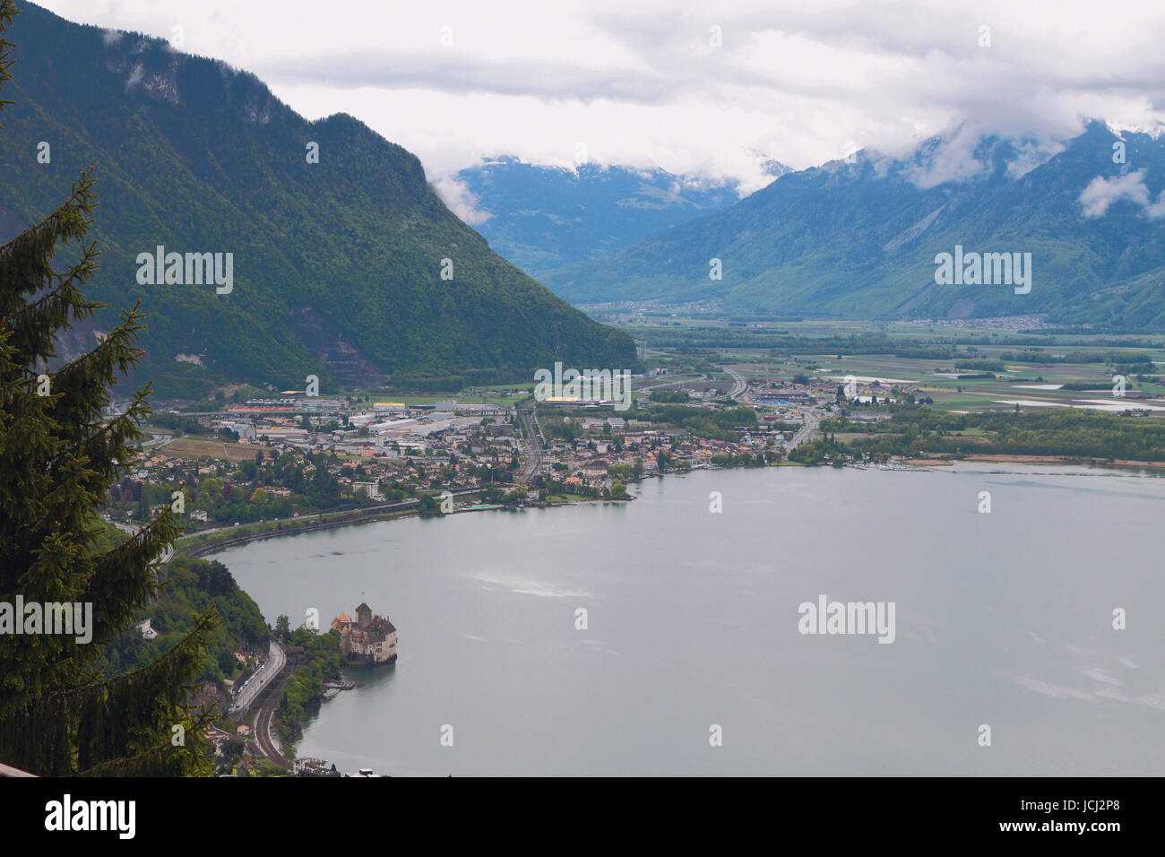 Montreux, Switzerland. Lake Geneva, flood plain of river Rhone and Alps ...