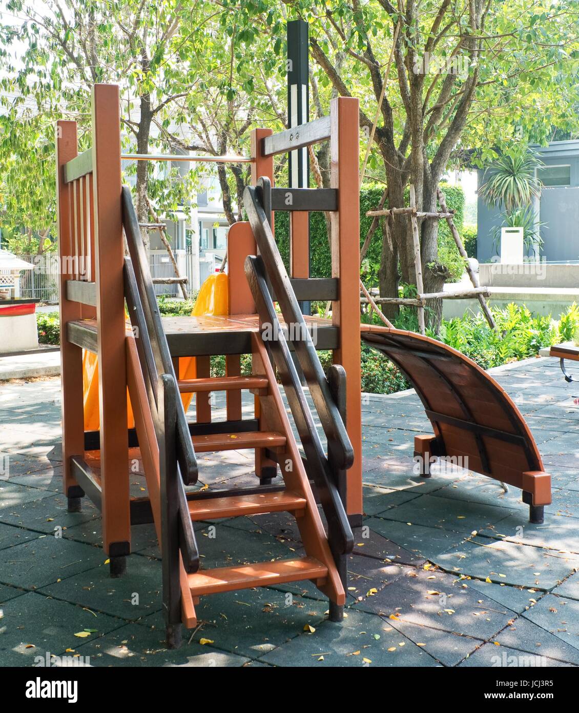 Children Playground, Slide and Rope Climber in Outdoor Park Stock Photo ...