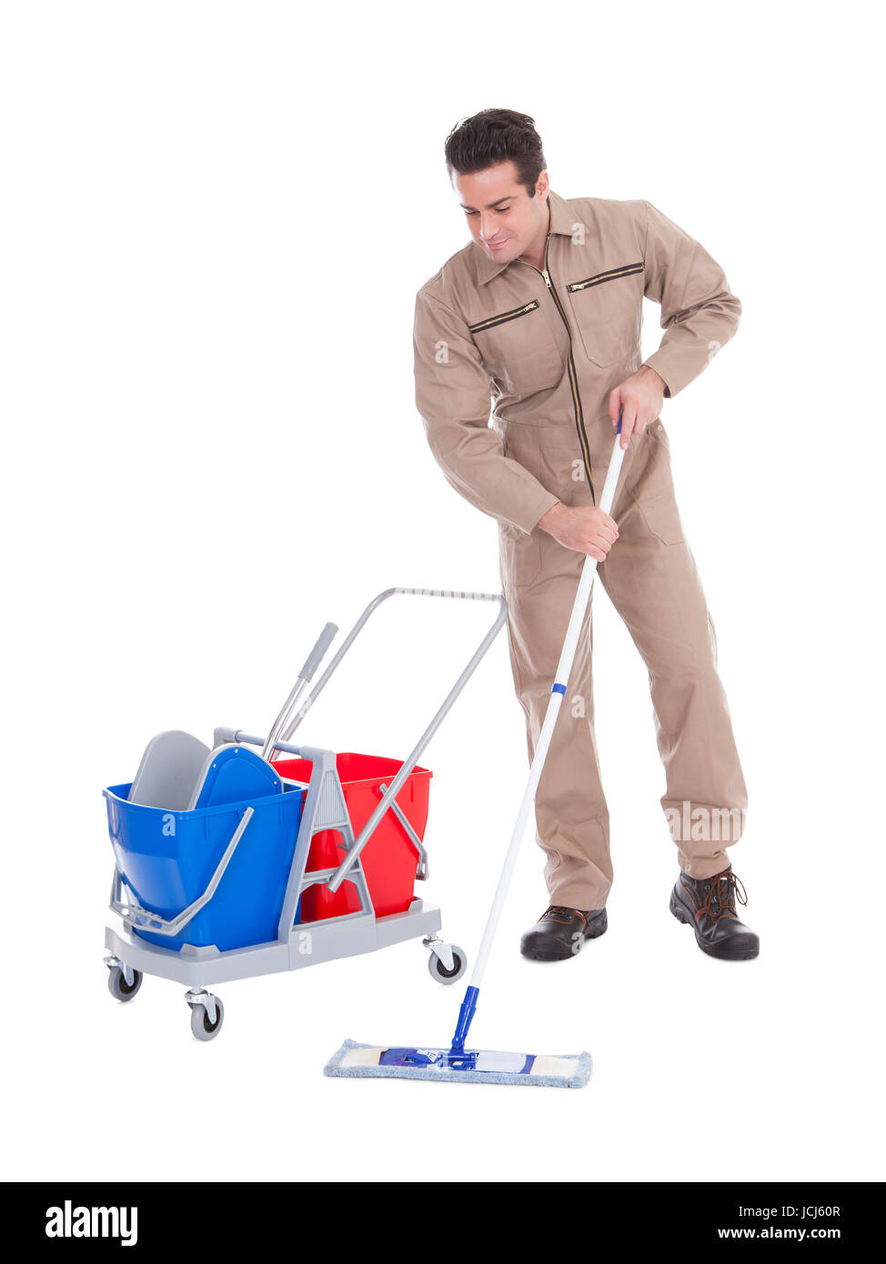 Young Male Sweeper Cleaning Floor On White Background Stock Photo - Alamy