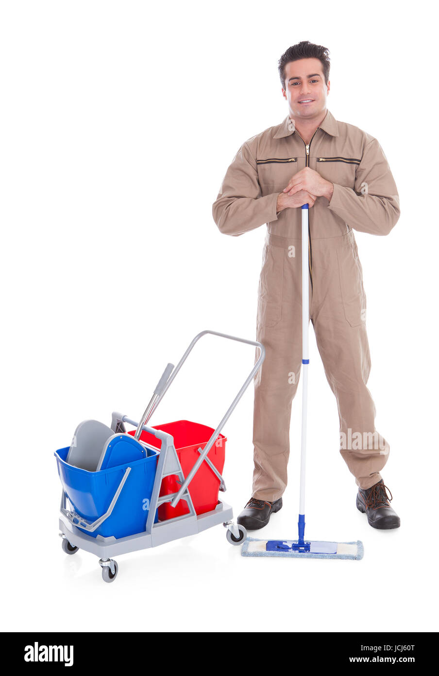 Young Male Sweeper Cleaning Floor On White Background Stock Photo - Alamy