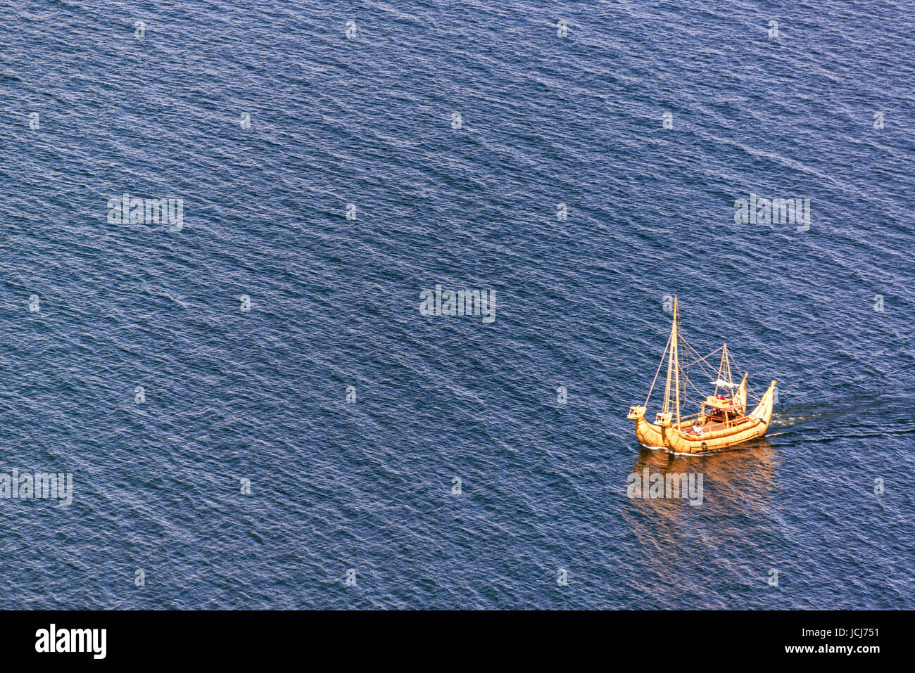 Reed boat, or totora, on Lake Titicaca near the Isla del Sol in Bolivia ...